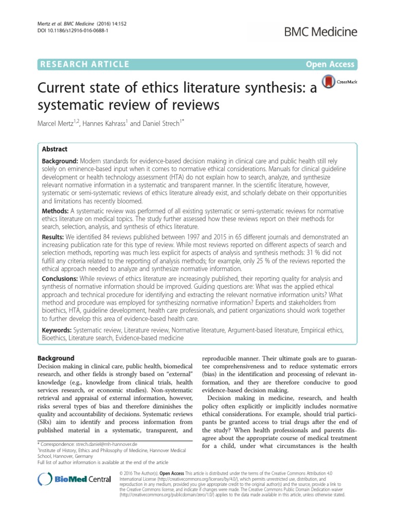 Current State of Ethics Literature Synthesis: A Systematic Review of ...