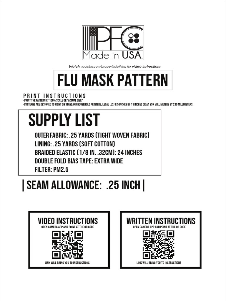 Flu Mask Pattern: Supply List | PDF | Seam (Sewing) | Textile Arts