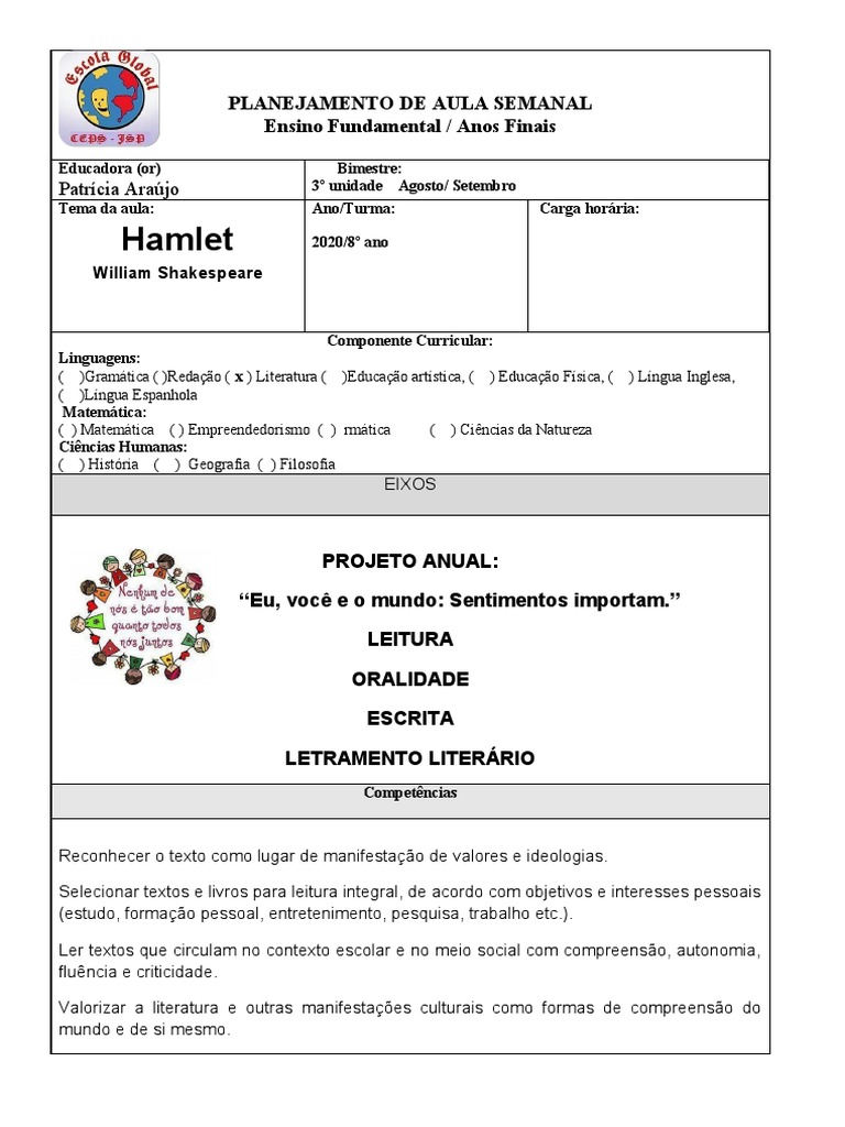 Plano de Aula 8º Ano Literatura 3º Bimestre 2020 Agosto Setembro | PDF ...