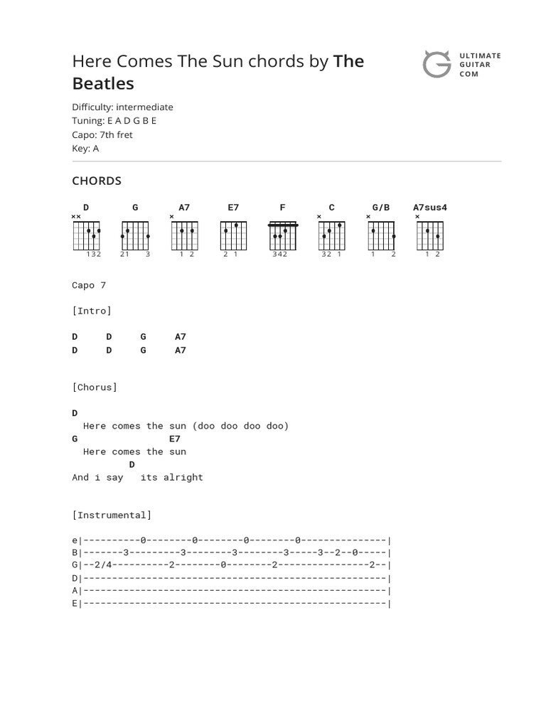 Here Comes The Sun Chords (Ver 8) by The Beatlestabs at Ultimate Guitar ...