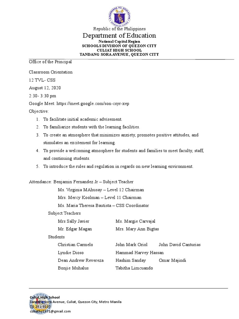 Narative Report Class Orientation | PDF | Metro Manila | Behavior Modification