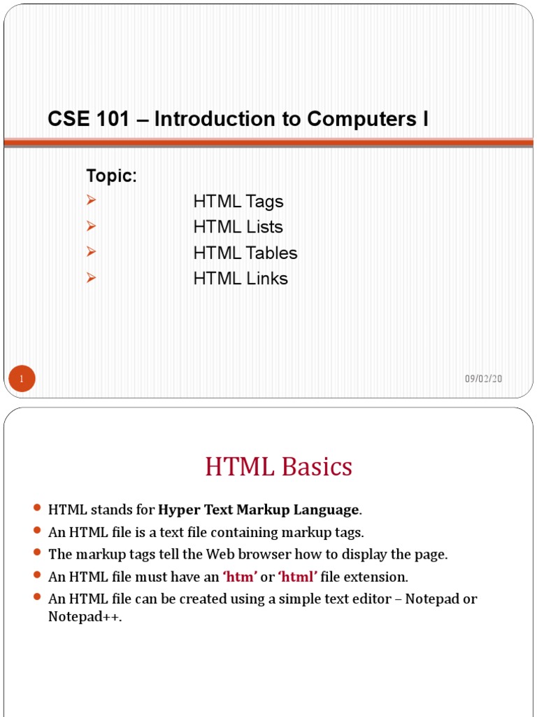 CSE 101 - Introduction To Computers I: Topic | PDF | Html Element | Html CSE 101 - Introduction To Computers I: Topic | PDF | Html Element | Html