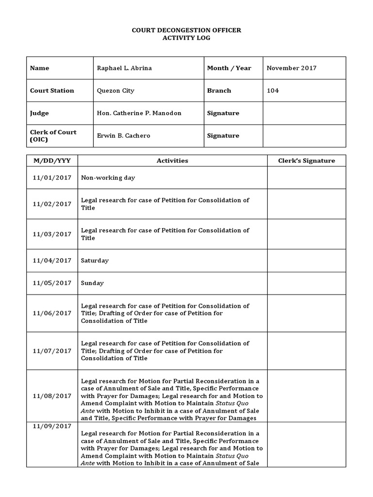 Court Decongestion Officer Activity Log | PDF | Complaint | Judiciaries