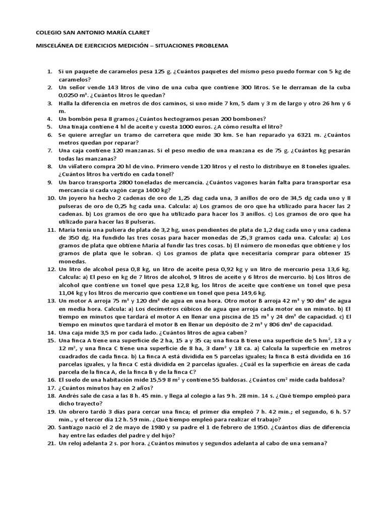 Miscelánea de Ejercicios Medición - Situaciones Problema | PDF | Litro | Naturaleza