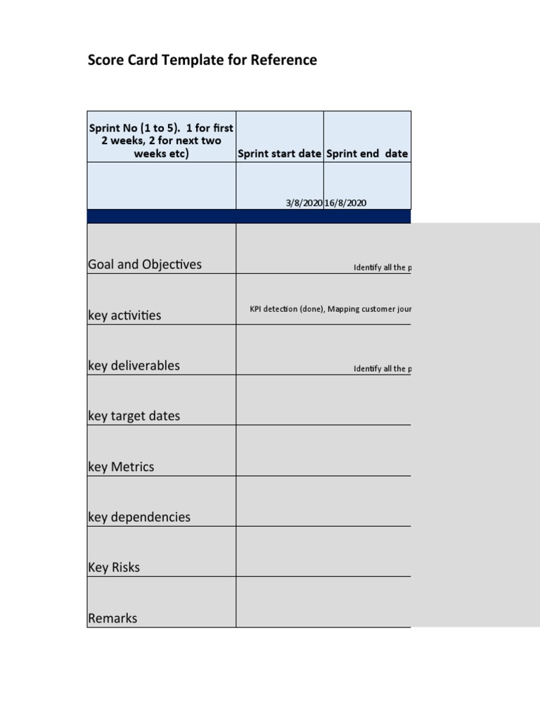 Score Card Template For Reference: Sprint No (1 To 5) - 1 For First 2 ...