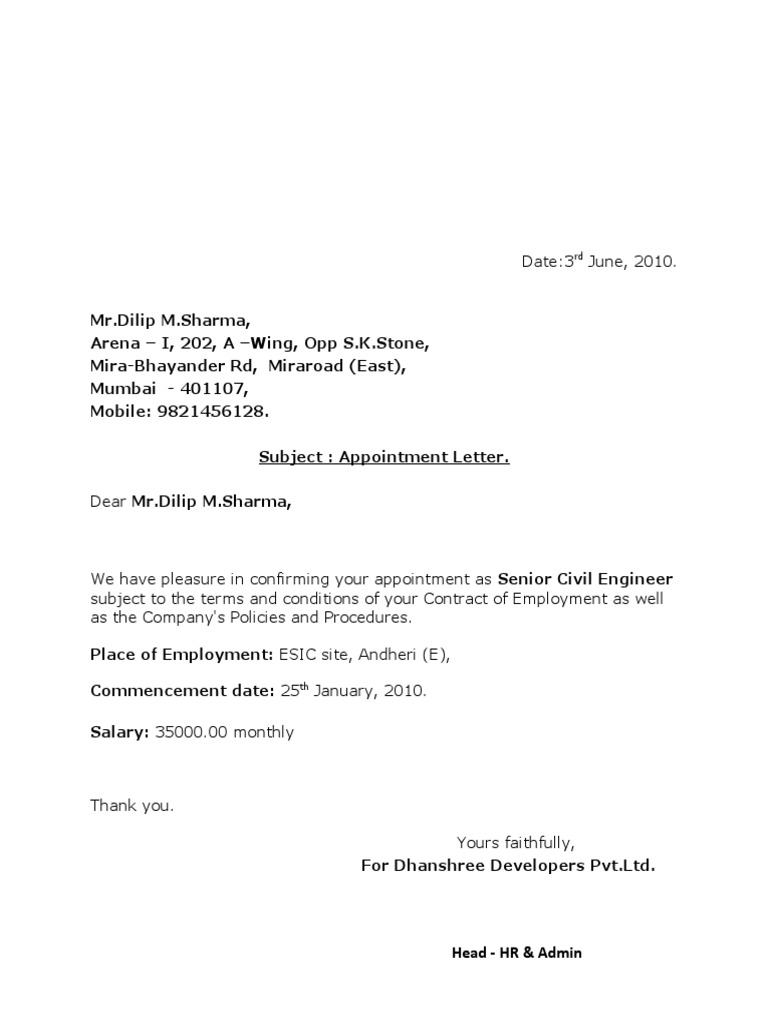 Senior Civil Engineer Appointment Letter | PDF