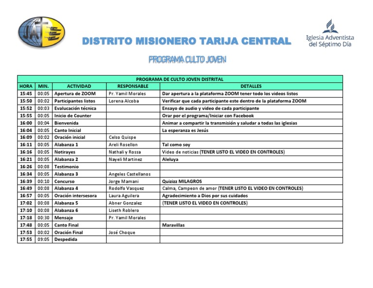 Programa de Culto Joven Distrital | PDF