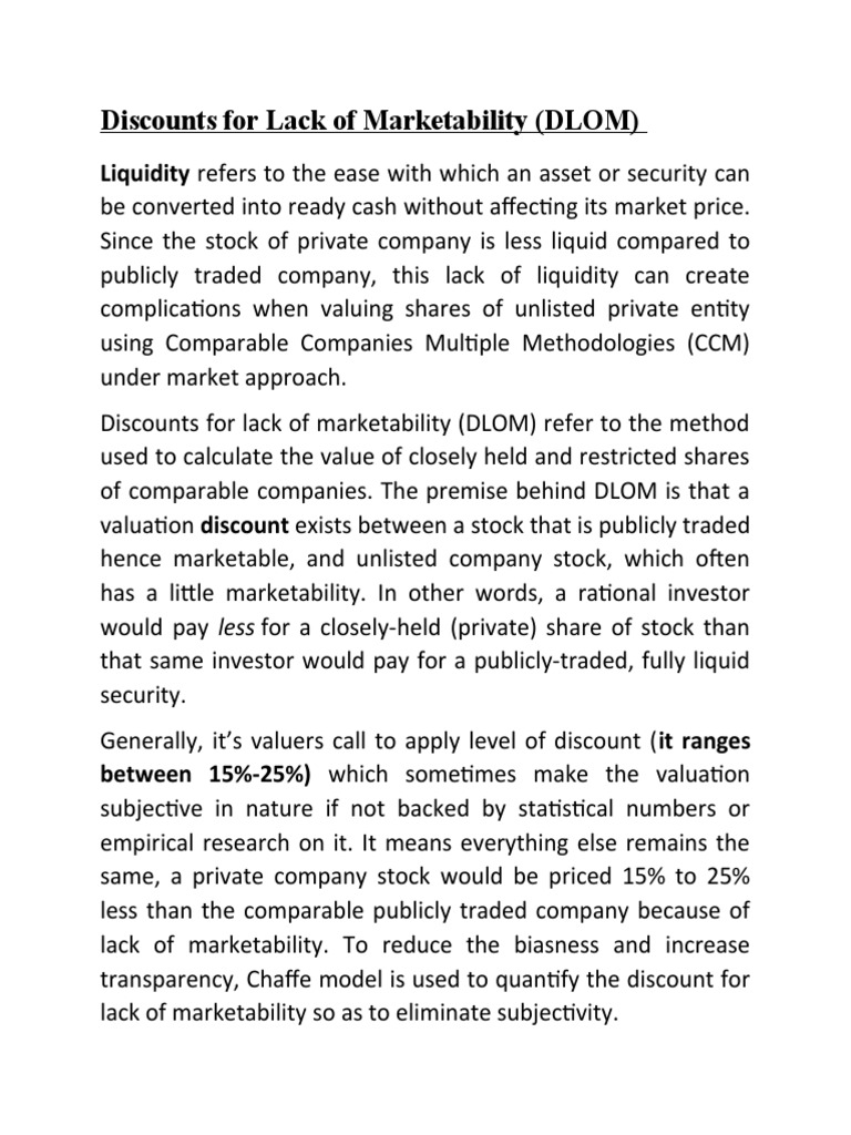 Discounts For Lack of Marketability (DLOM) : Liquidity Refers To The ...