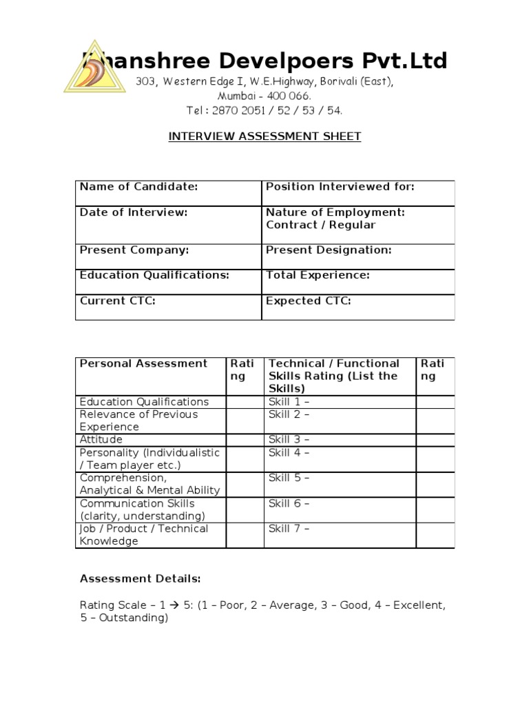 Interview Assessment Sheet Template | PDF