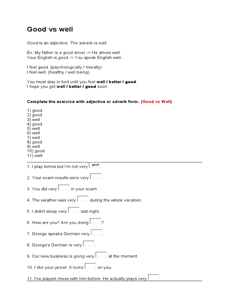 Good Vs Well: Good Is An Adjective. The Adverb Is Well | PDF | Cooking ...