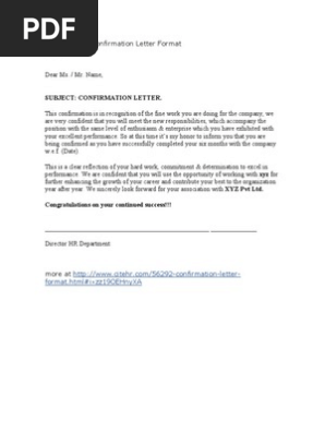 Letter Of Confirmation Format