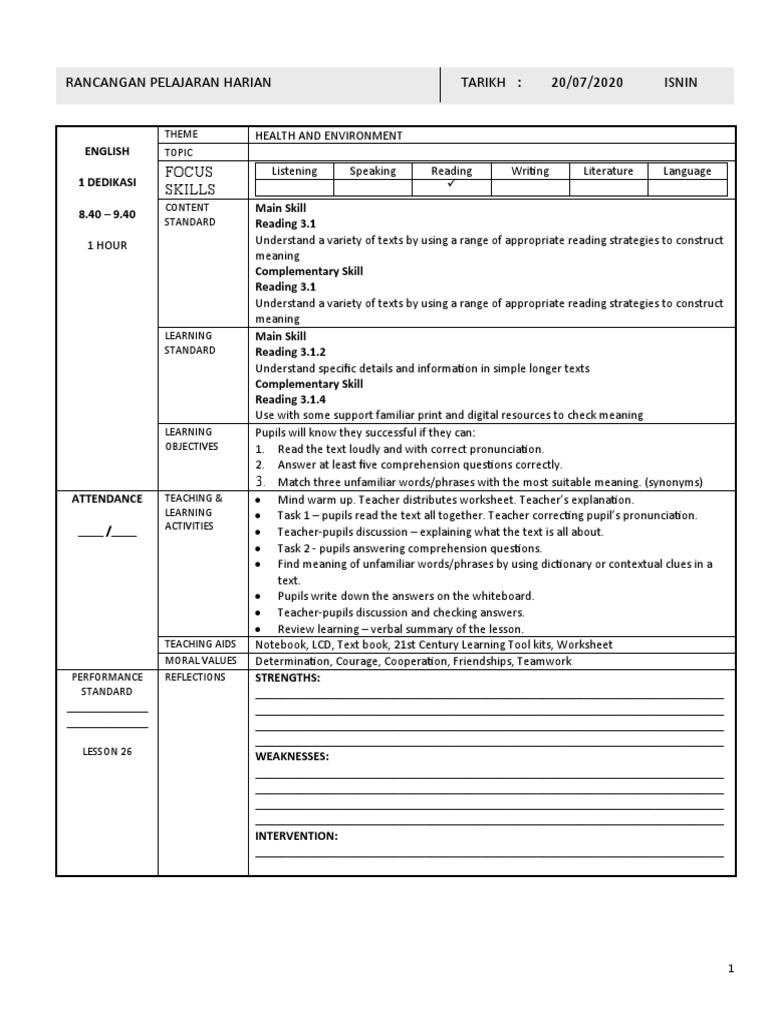 RPH Form 1 | PDF | Reading Comprehension | Behavior Modification