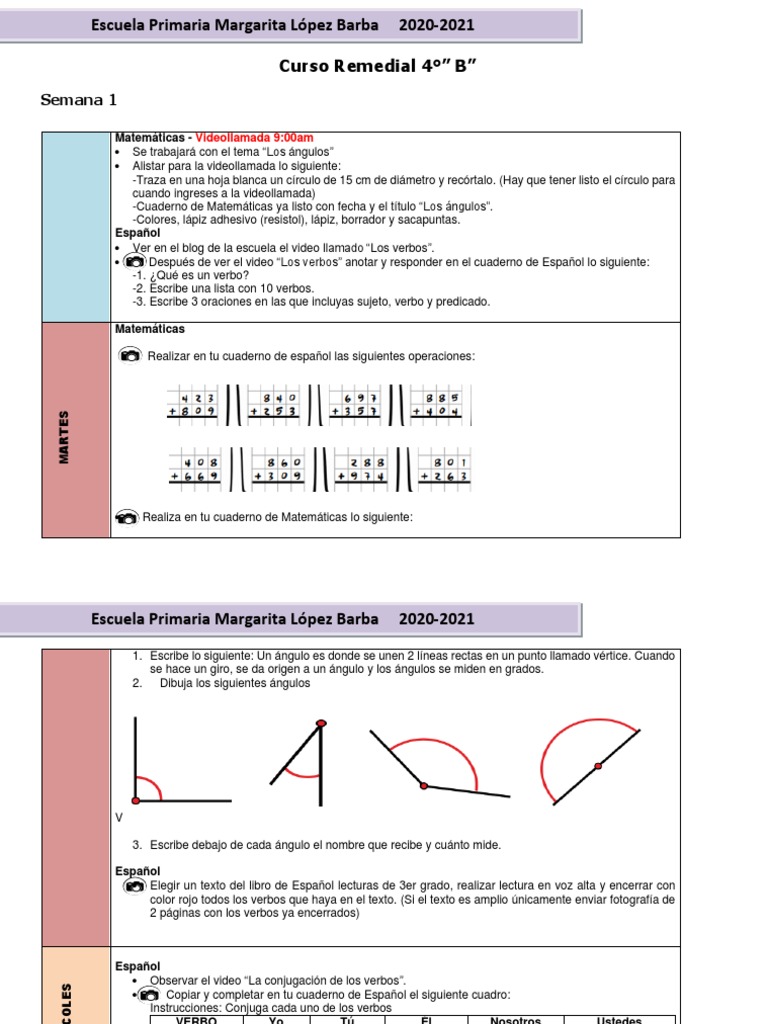 Actividades Remediales 4° Grado | PDF | Verbo | Gramática