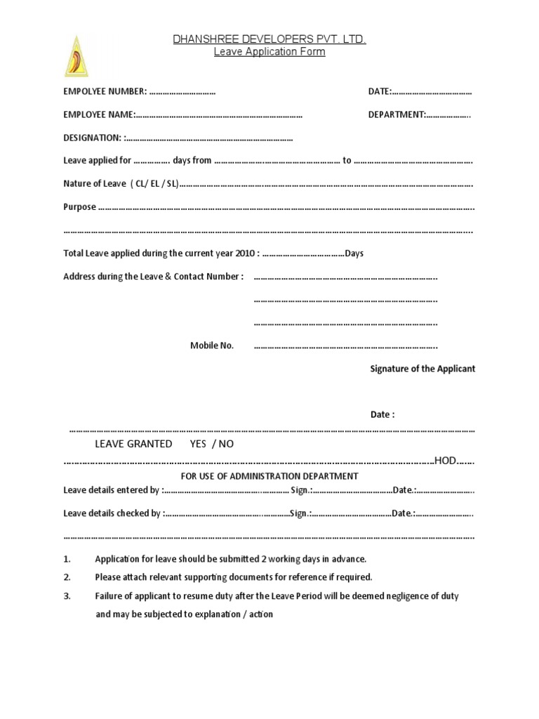 Leave Application Form Template | PDF