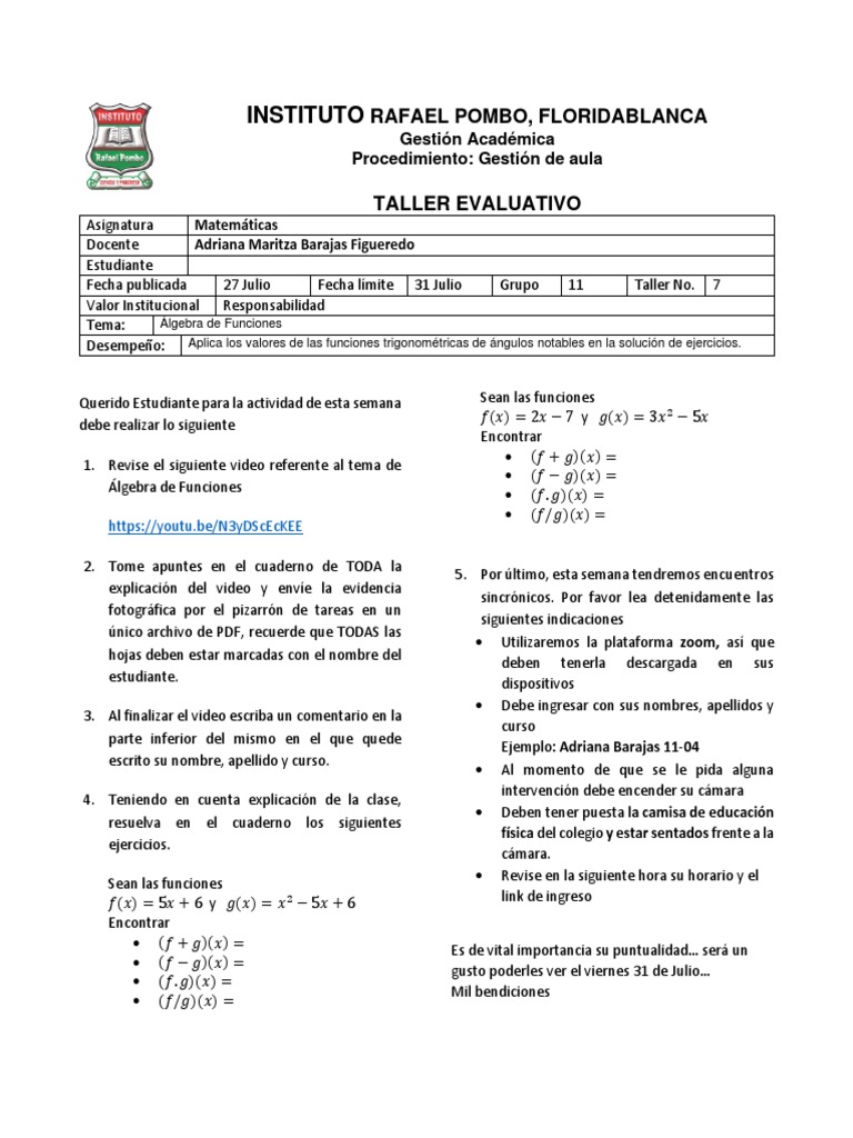 Taller_7_%C3%81lgebra_de_Funciones | PDF | Aprendizaje | Science