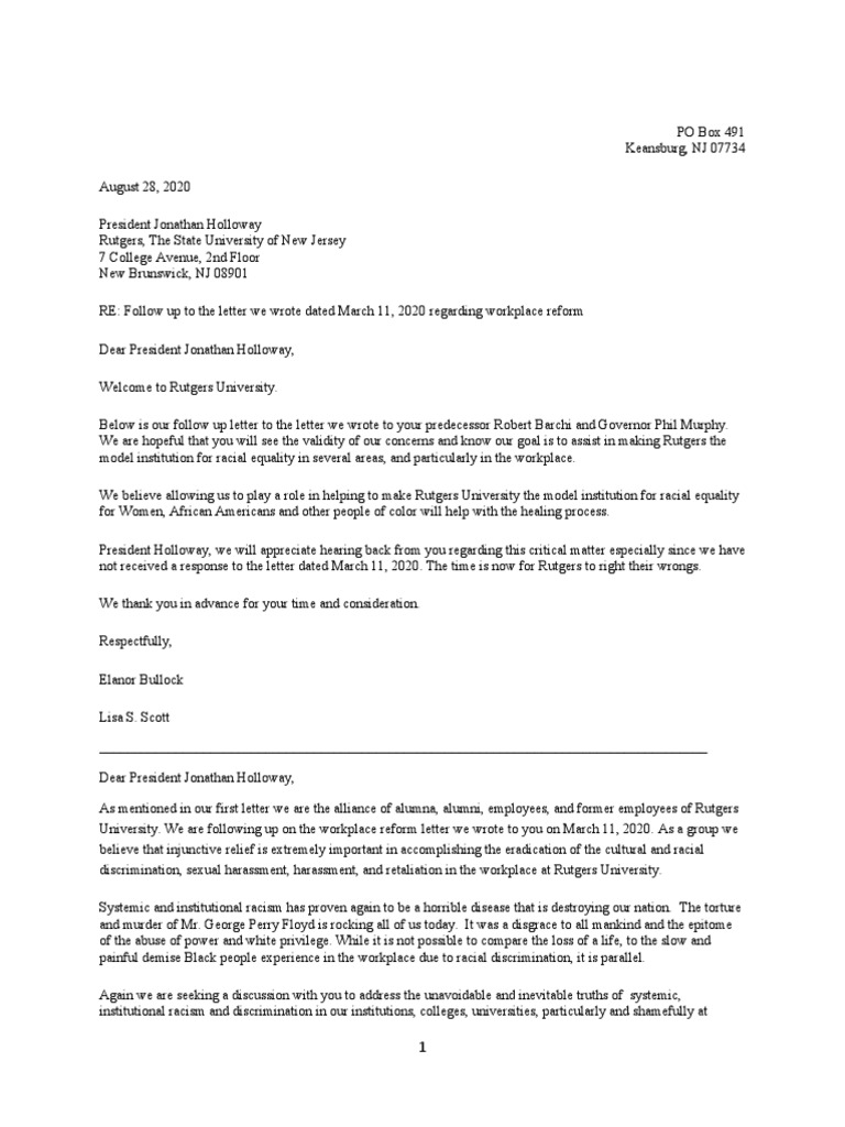 Letter to Rutgers President Holloway regarding university's systemic ...