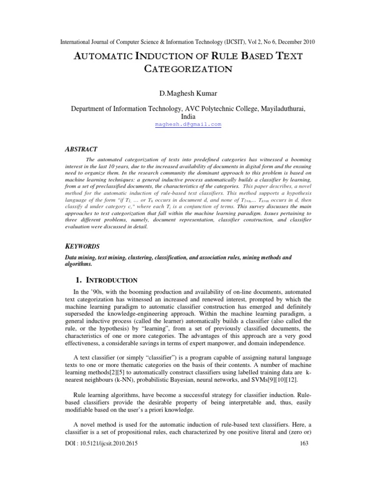 Automatic Induction Of Rule Based Text Categorization Pdf Statistical Classification