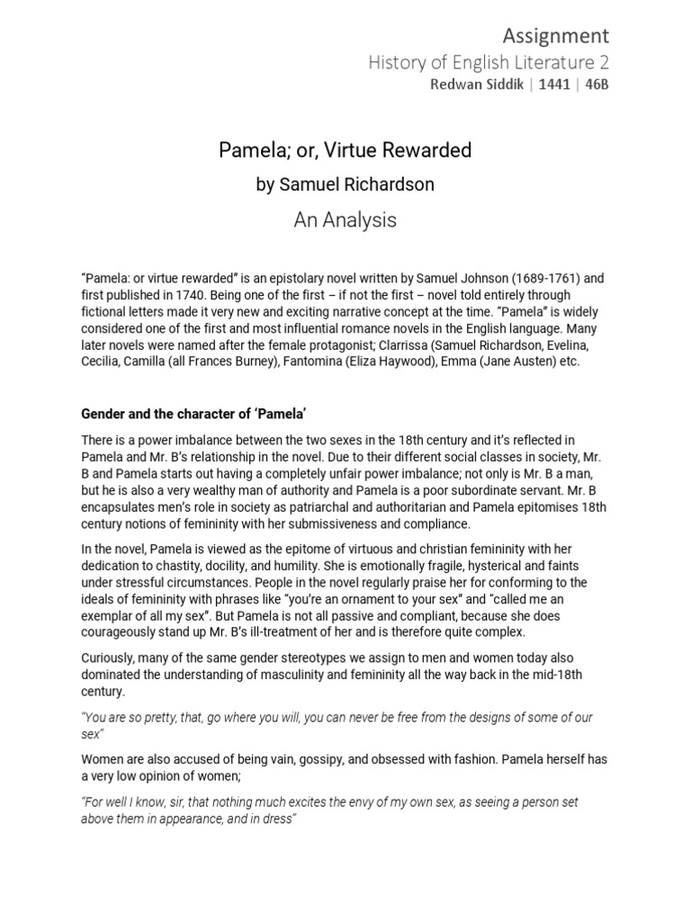 Assignment - Samuel Richardson - Pamela - Redwan Siddik - 1441 | PDF | Novels | Wife