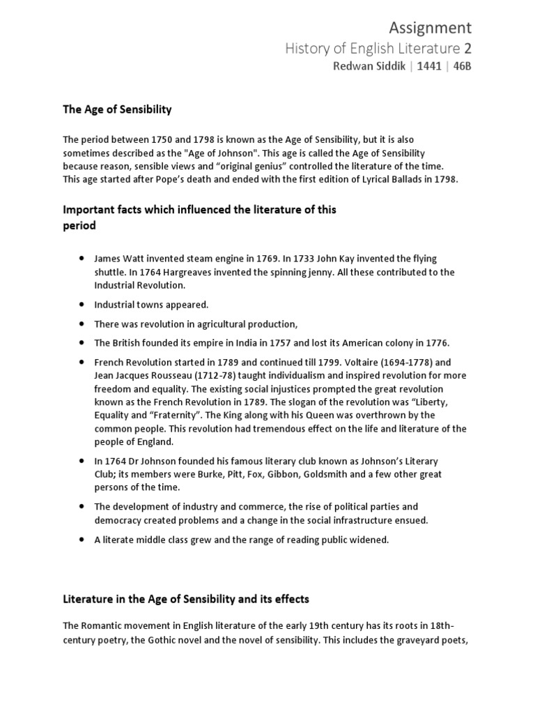 Assignment - The Age of Sensibility - Redwan Siddik - 1441 | PDF ...