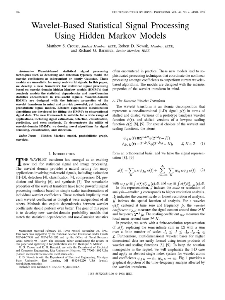 Wavelet-Based Statistical Signal Processing Using Hidden Markov Models | PDF | Wavelet | Normal ...
