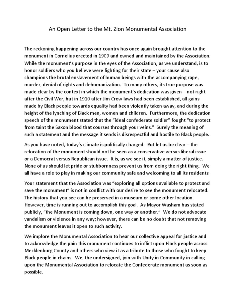 An Open Letter To The Mt. Zion Monumental Association | PDF