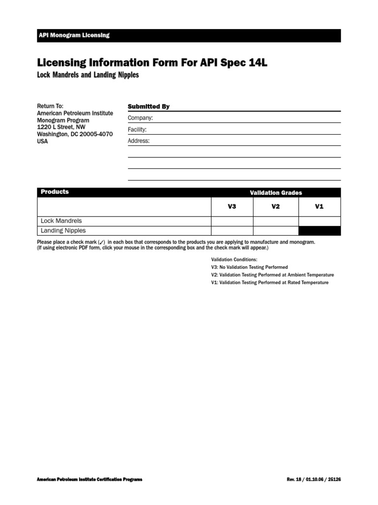API 14L - Licensing Information Form - 20060110 PDF | PDF