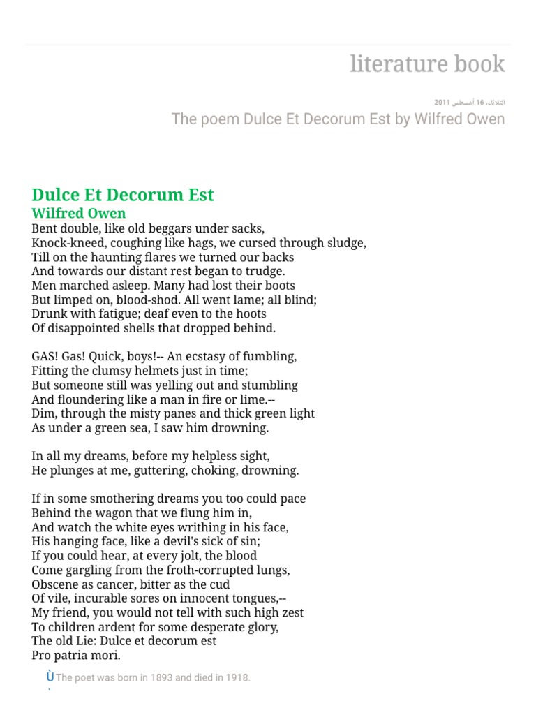 Literature Book: The Poem Dulce Et Decorum Est by Wilfred Owen PDF | PDF