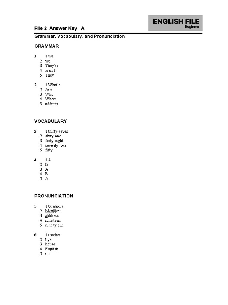 File 2 Answer Key A: Grammar, Vocabulary, and Pronunciation Grammar ...