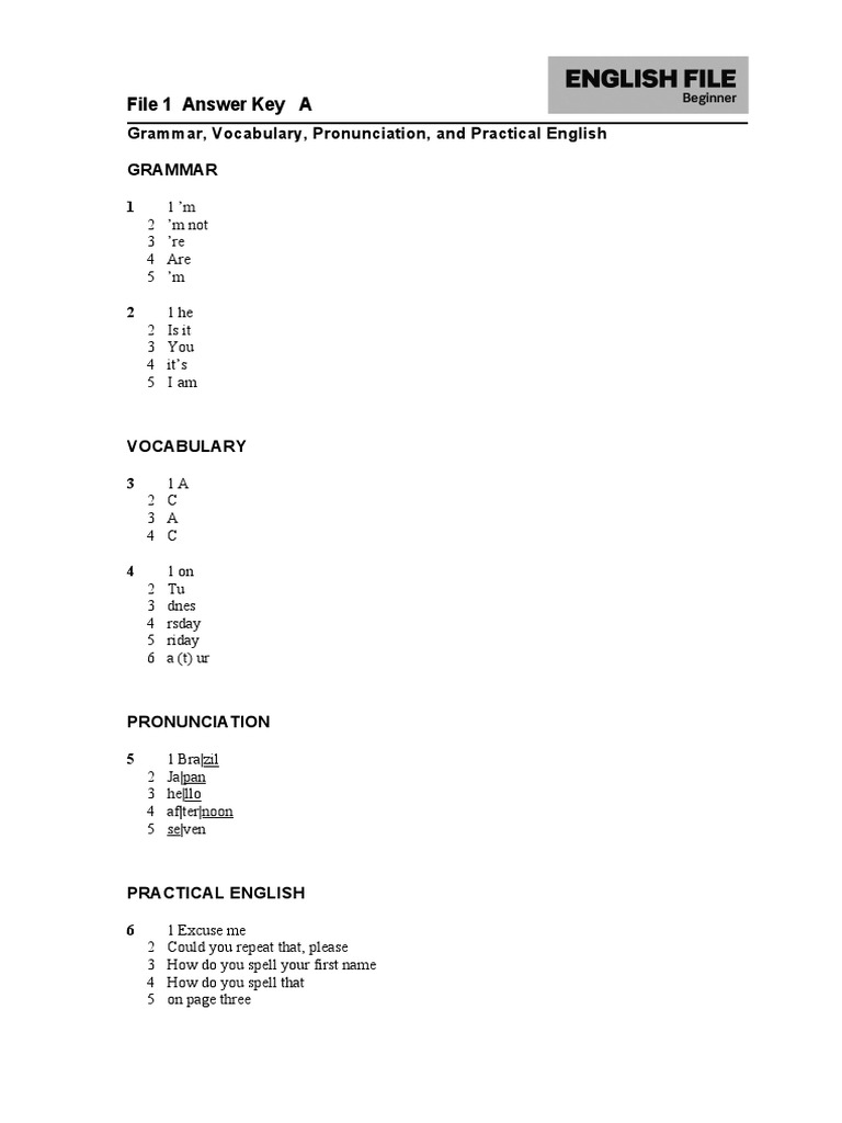File 1 Answer Key A: Grammar, Vocabulary, Pronunciation, and Practical ...