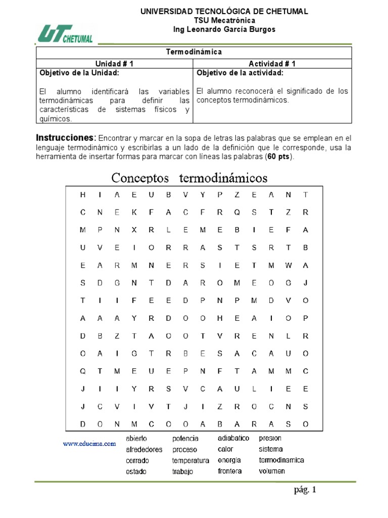 Sopa de Letras: Términos de Termodinámica | PDF | Termodinámica ...