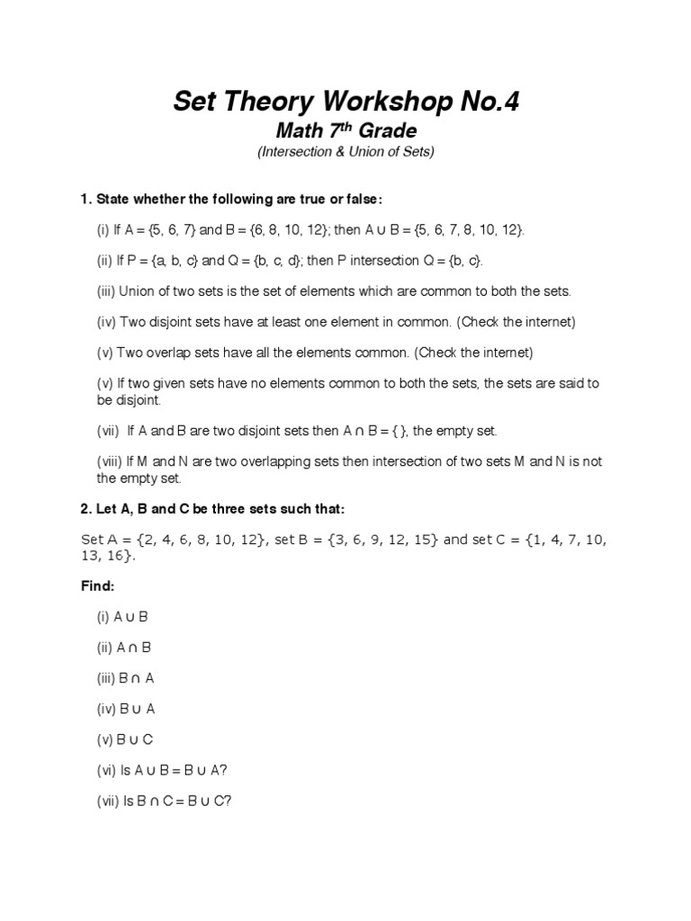 Exploring Unions and Intersections of Sets through Worked Examples | PDF