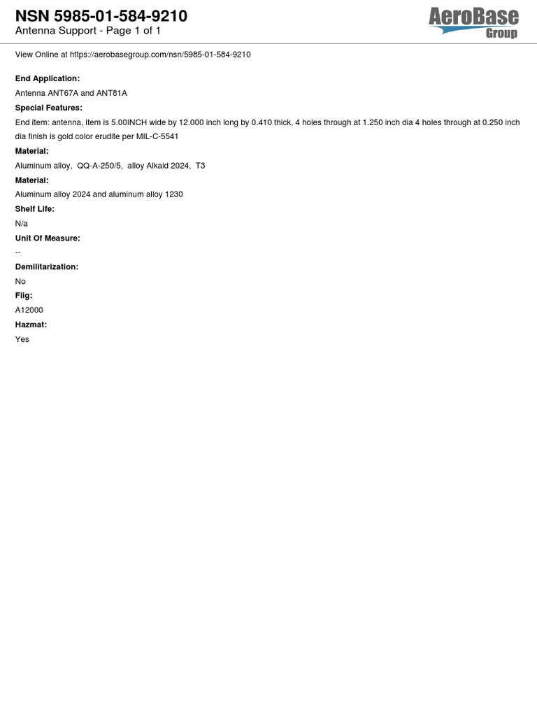 NSN 5985-01-584-9210 Datasheet (AeroBase Group) | PDF