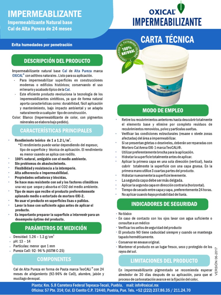 FICHA TÉCNICA IMERMEABILIZANTE OXICAL v06-2017b | PDF