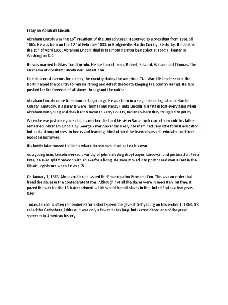 Essay On Abraham Lincoln | PDF