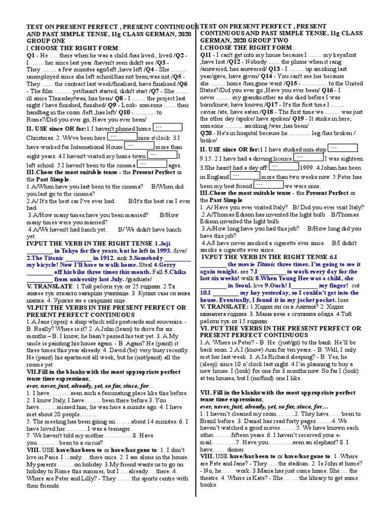 Test On Present Perfect, Present Perf Cont and Past Simple | PDF | Grammar