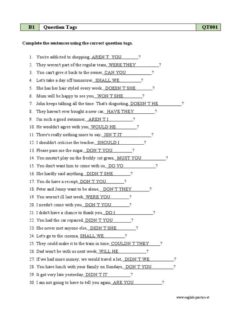 B1 Question Tags QT001: Complete The Sentences Using The Correct Question Tags | PDF