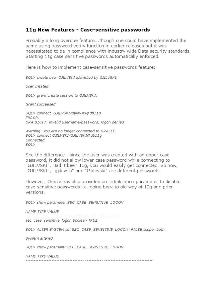 11g New Features - Case-Sensitive Passwords | PDF | Password | Oracle Database