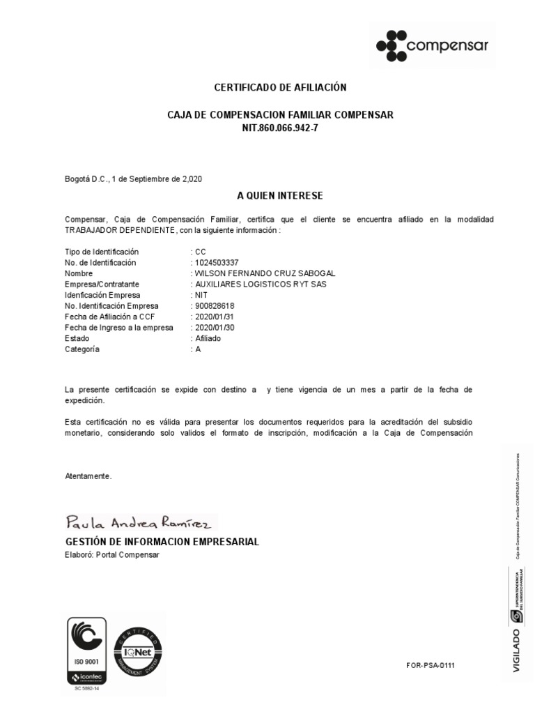 Certificado de Afiliación Caja de Compensacion Familiar Compensar NIT ...