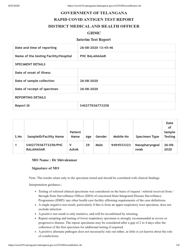 Rapid COVID Antigen Test Report from Telangana Government | PDF ...