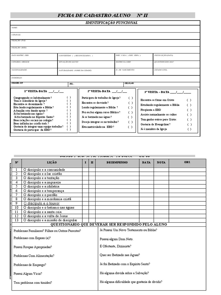 Ficha De Cadastro De Aluno Da Ebd 2008 Pdf Batismo Teologia