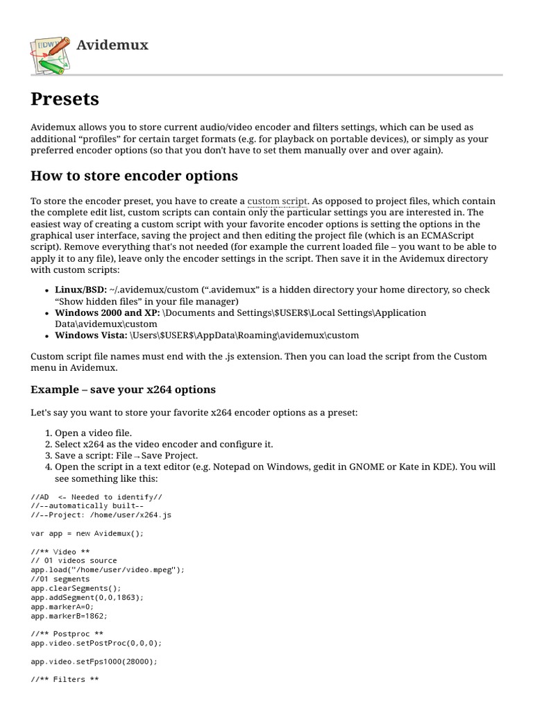 Tutorial Presets (Avidemux) PDF | PDF | Scripting Language | Data Compression