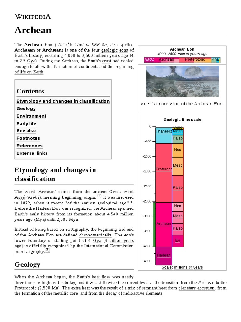 Archean: Archaean or Archæan) Is One of The Four Geologic Eons of | PDF ...