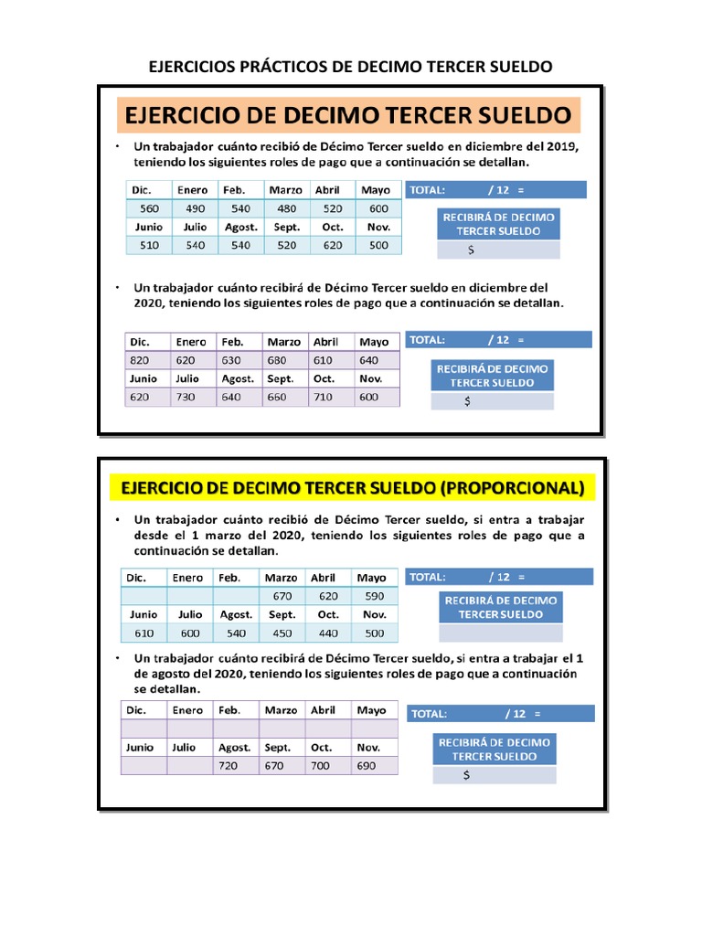 Ejercicios Prácticos de Decimo Tercer y Cuarto Sueldo-1597632935 | PDF
