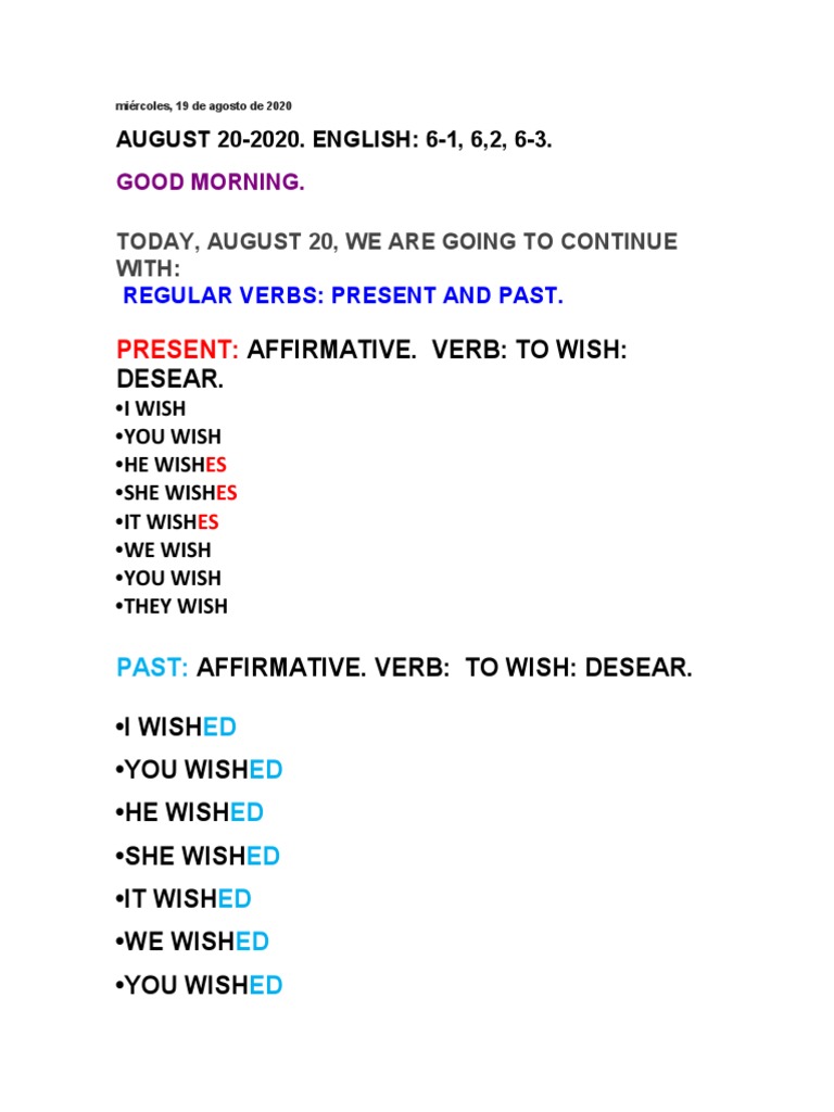 Present:: Affirmative. Verb: To Wish: Desear | PDF | Grammar | Syntax