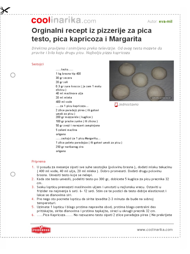 Orginalni Recept Iz Pizzerije Za Pica Testo Pica Kapricoza I Margarita ...