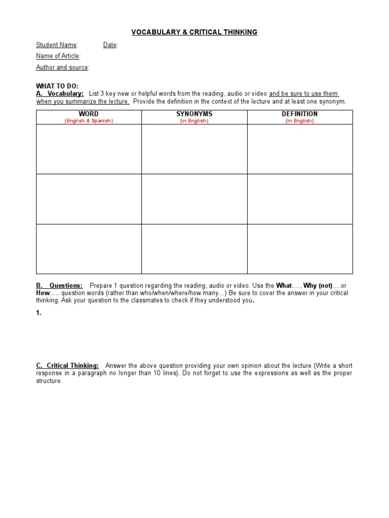 Vocabulary and Critical Thinking Guide | PDF | Career & Growth ...