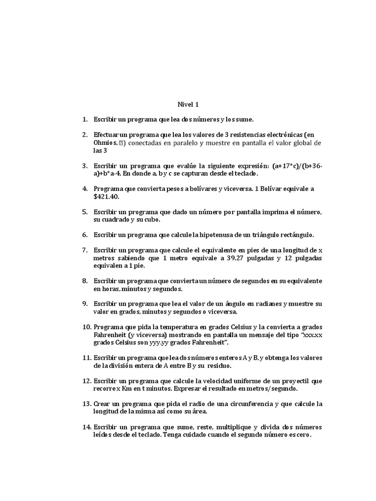 Ejercicios de Programacion Basica | PDF | División (Matemáticas) | Número complejo