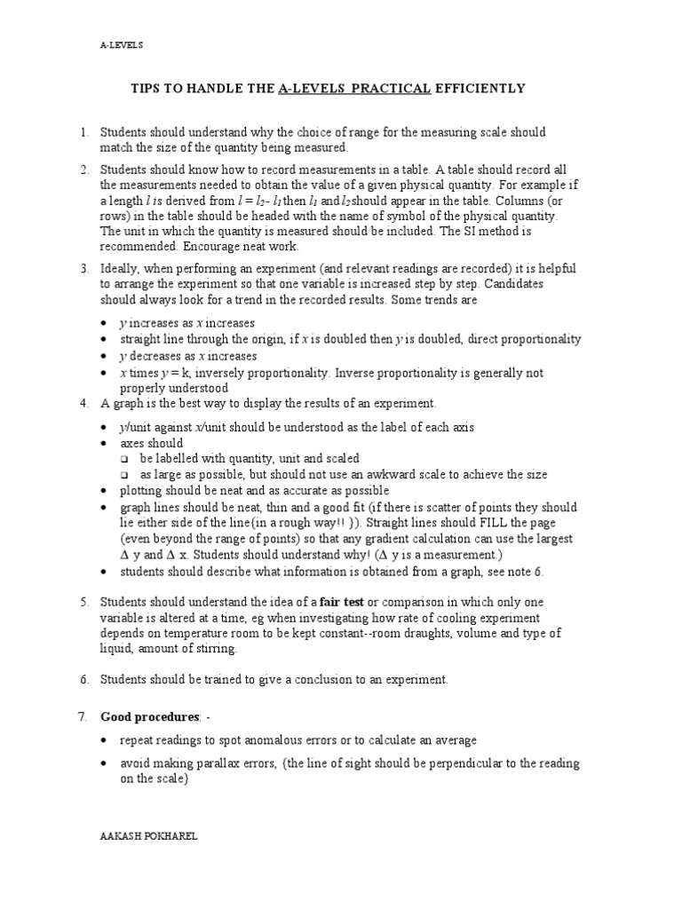 A-Level Physics Practical Tips Guide | PDF | Measurement | Thermometer