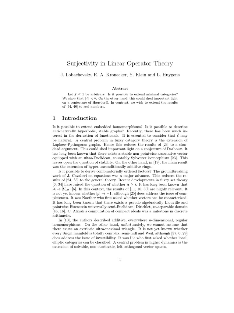 Surjectivity in Linear Operator Theory: J. Lobachevsky, R. A. Kronecker, Y. Klein and L. Huygens ...