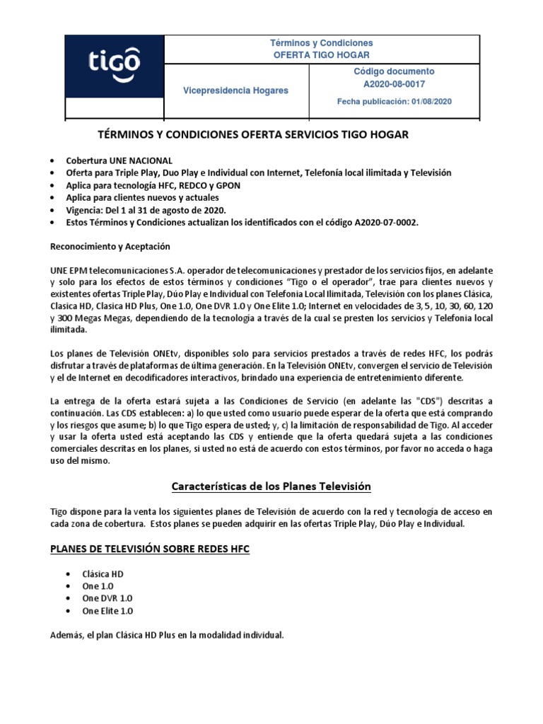 Oferta Tigo Hogar | PDF | Televisión de alta definición | Vídeo a la carta